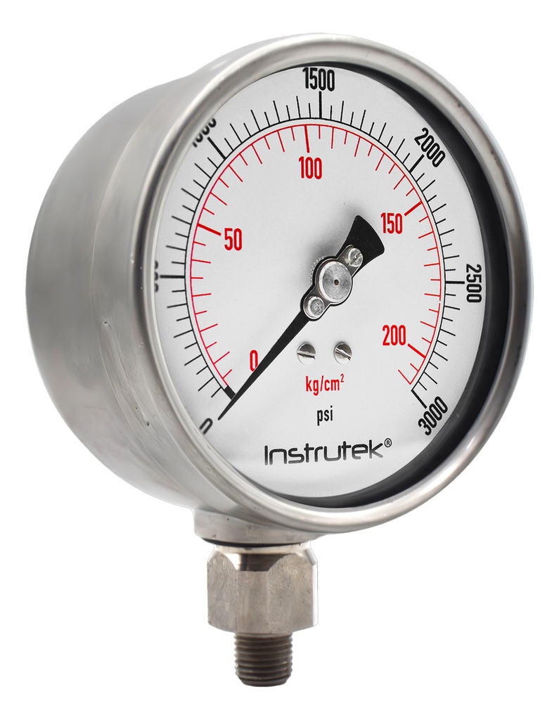 Manómetro 4", lleno de líquido premium, 1/4" NPT, inferior, 3000 psi-kg/cm2 | Instrutek